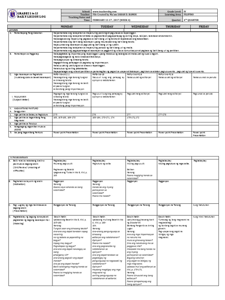 Grade 4 DLL FILIPINO 4 Q4 Week 4 | PDF
