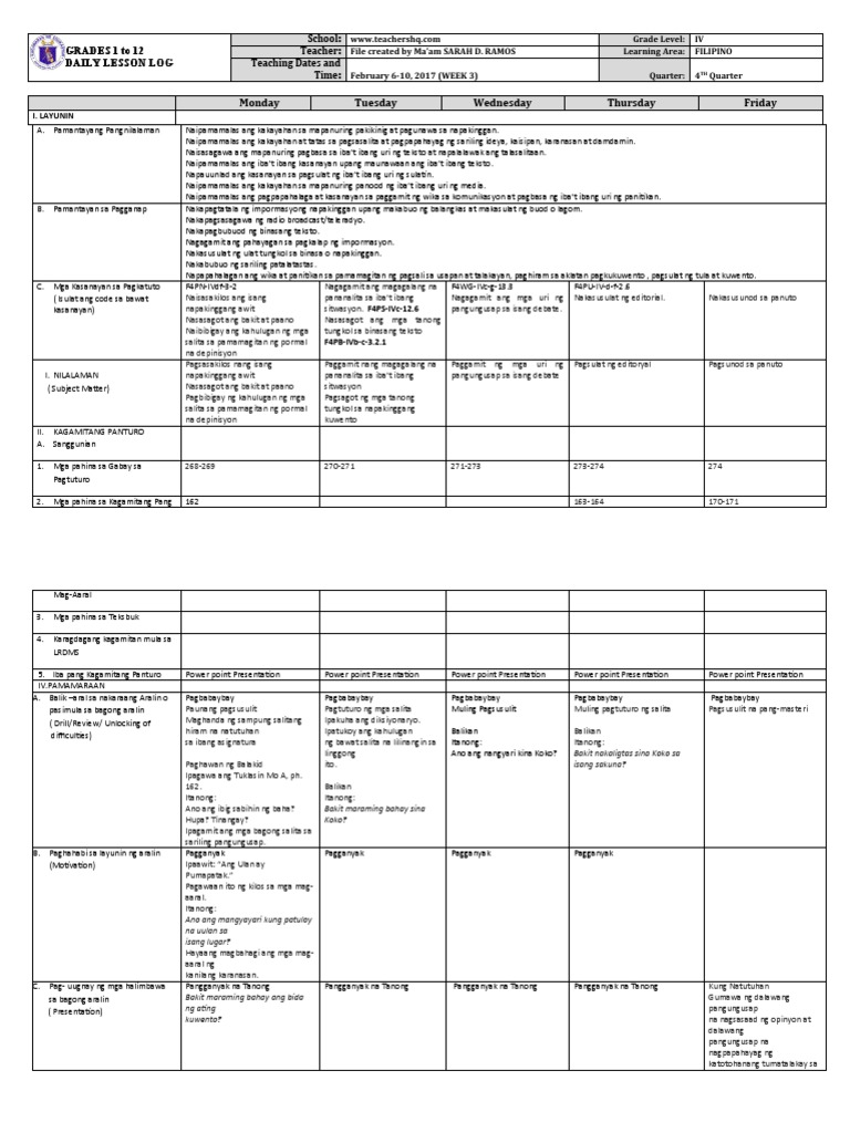 Grade 4 DLL FILIPINO 4 Q4 Week 3 | PDF