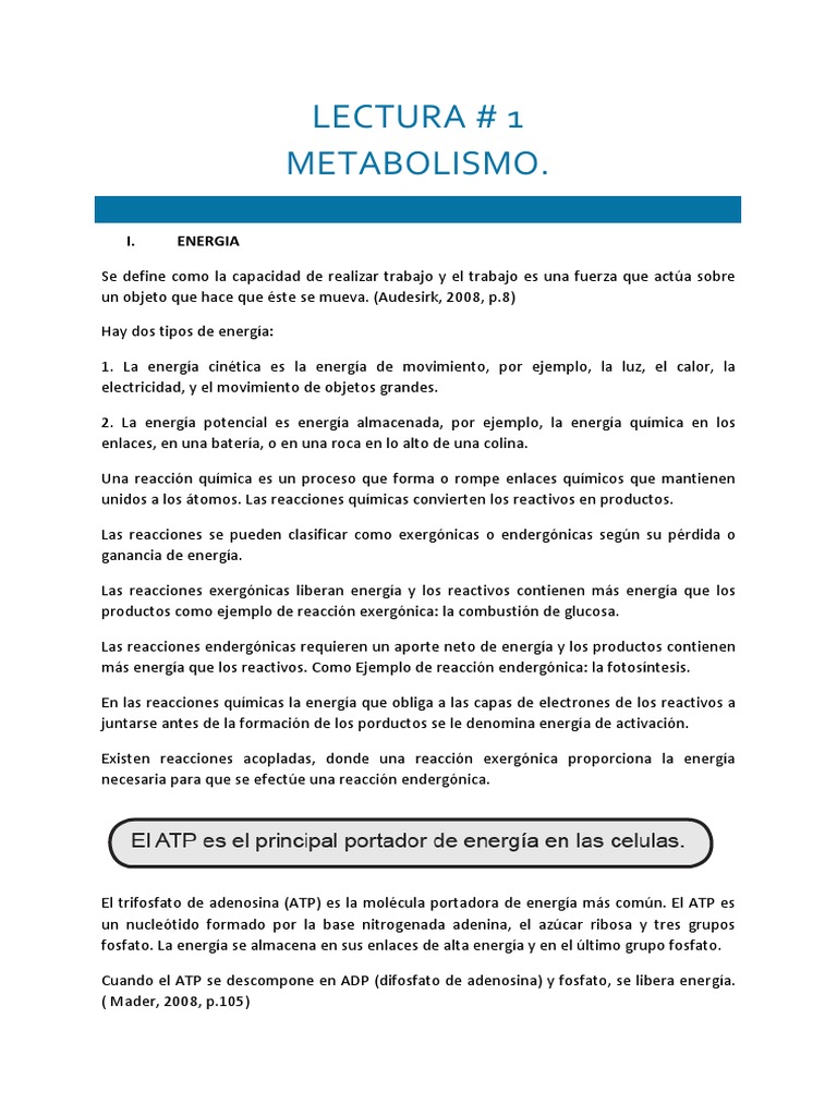Lectura - 1 - Metabolismo | PDF | Enzima | Respiración celular