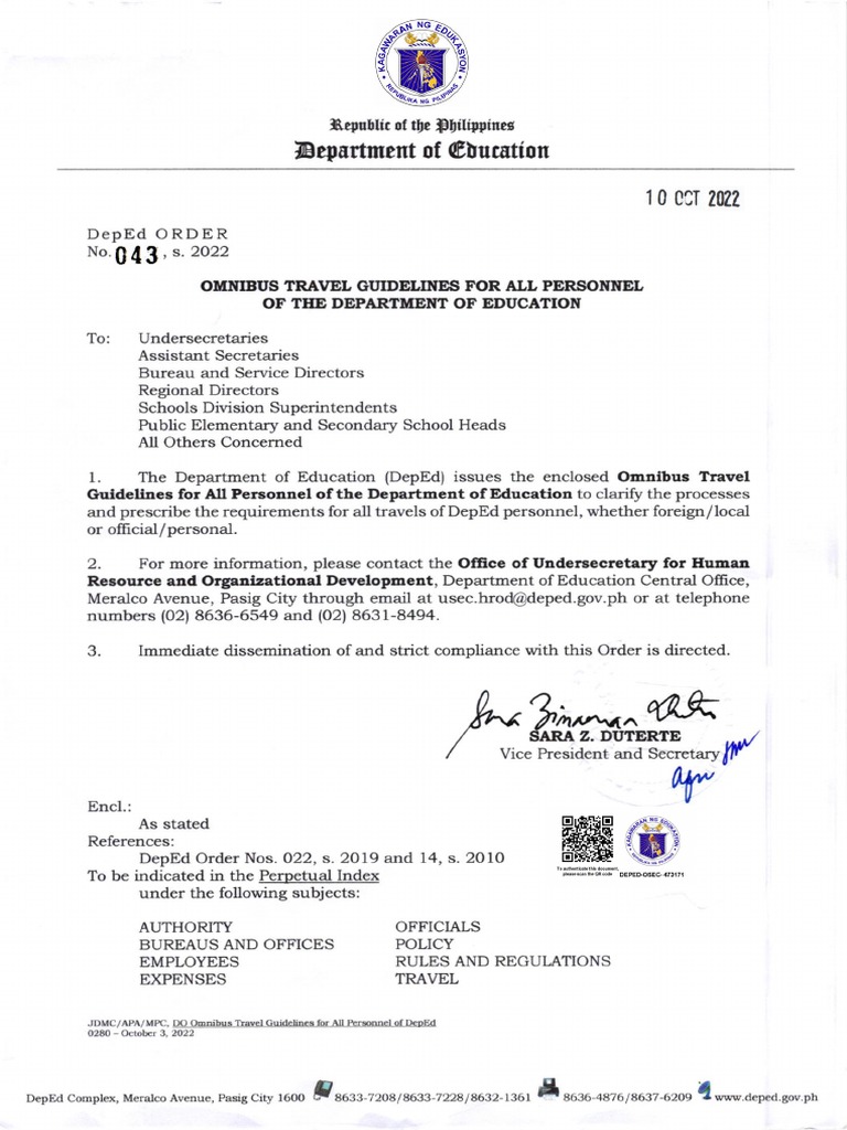 DO - s2022 - 043 Omnibus Travel Guidelines For All DepEd Personnel ...