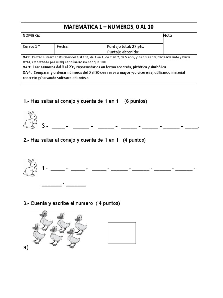 Ejercicios de conteo del 0 al 10 | PDF