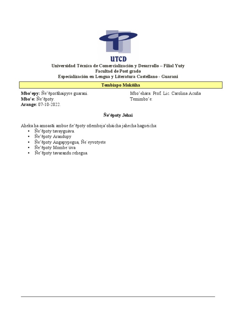 Trabajo Práctico 2 - Ñe'ēpoty Jehai | PDF | Artes del Lenguaje y ...
