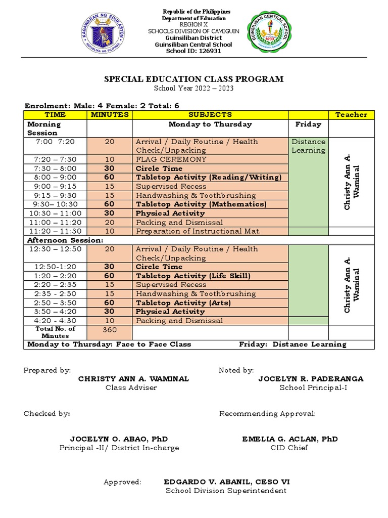 SPED - Class Program Sy 2022 2023 | PDF | Teaching | Learning