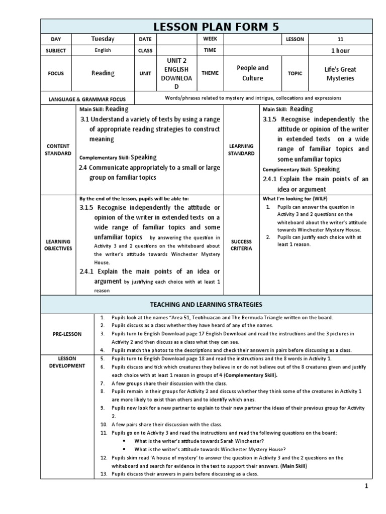 Lesson 11 Reading | PDF | English Language | Lesson Plan