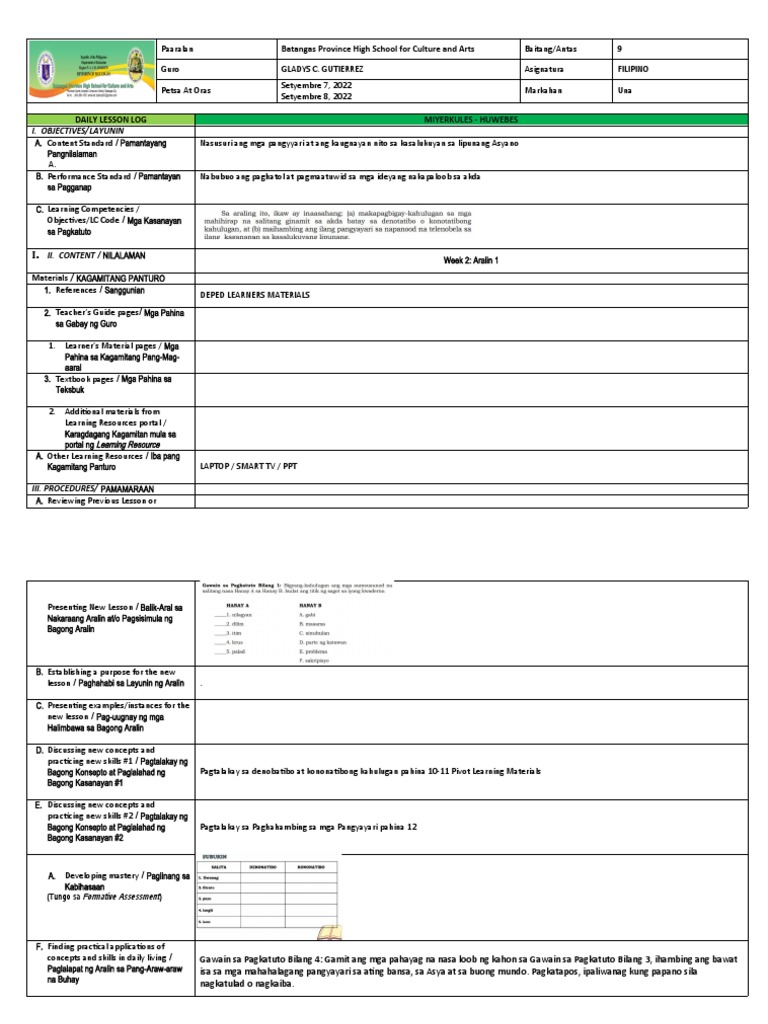 Daily Lesson Log Filipino 7 | PDF