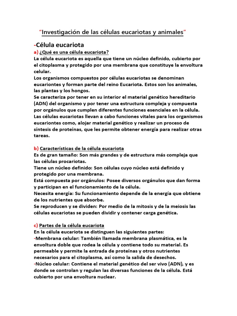 Investigación de Las Células Eucariotas y Animales | PDF | Biología ...