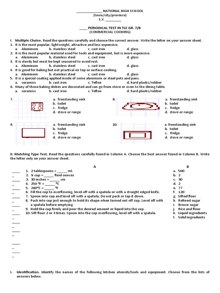TLE Grade 7/8 Periodical Test: Cooking | PDF | Spoon | Equipment
