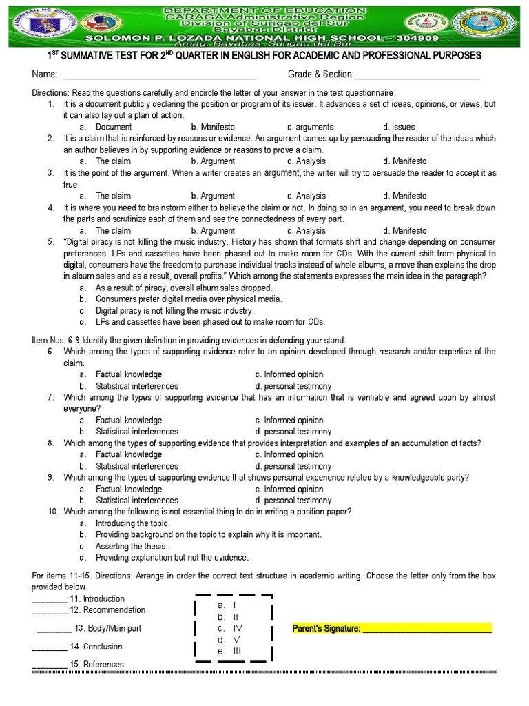 1ST Summative Test For 2ND Quarter in English For Academic and ...