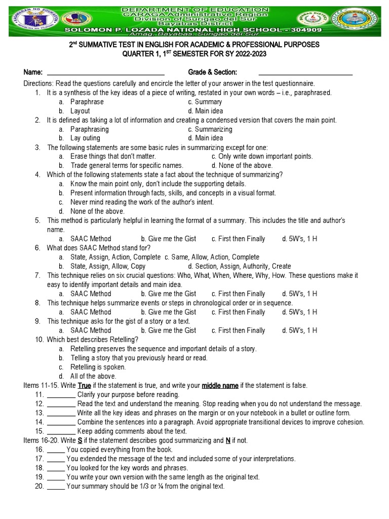 2nd Summative Test in English For Academic 1stq Sy2022-2023 | Download ...