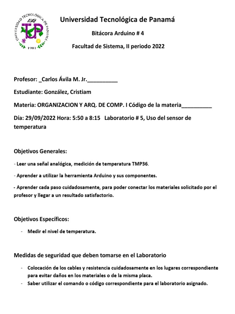 Bitacora Del Laboratorio # 5 | PDF | Arduino | Sensor