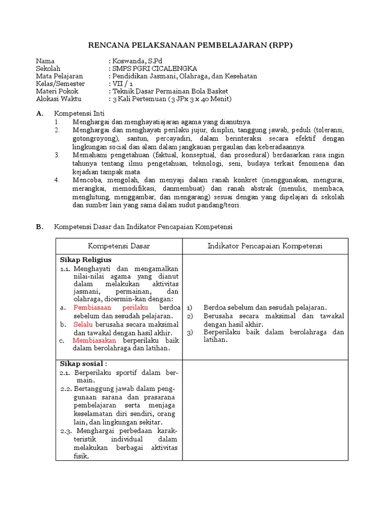 Contoh Model RPP Penjasorkes SMP Revisi Final | PDF