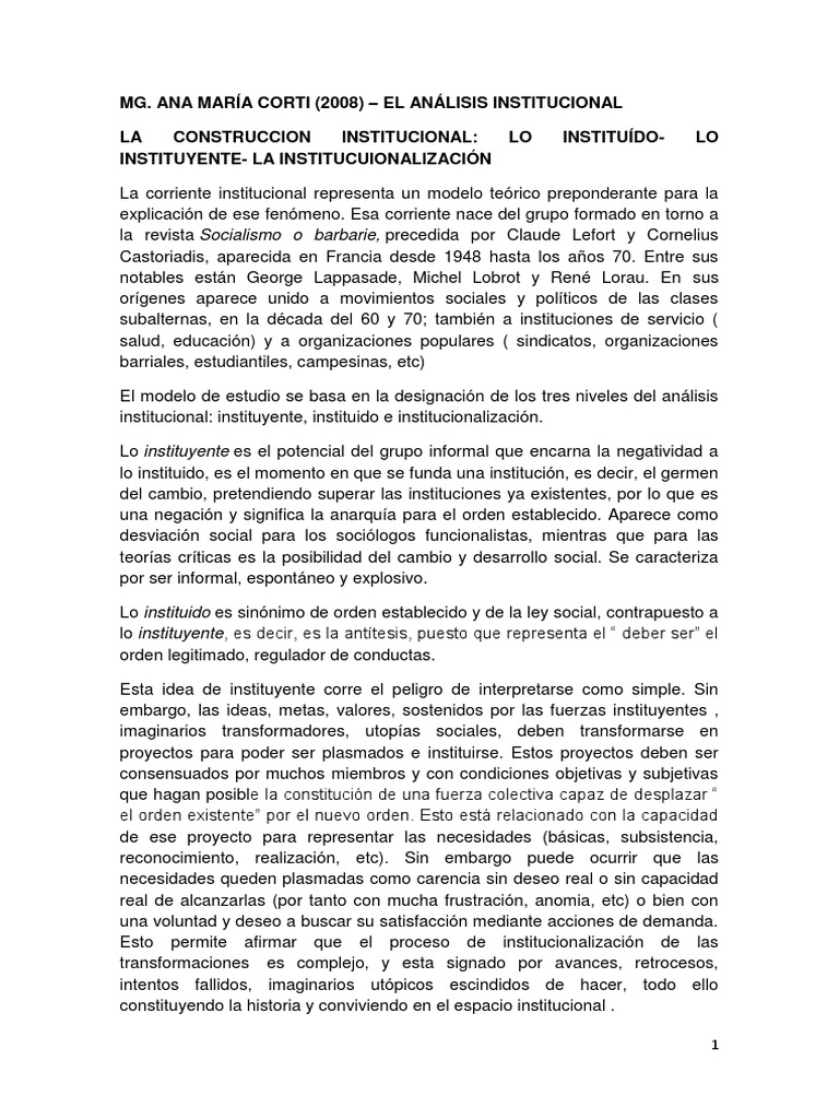 Ana María Corti - LA CONSTRUCCIÓN INSTITUCIONAL - LO INSTITUÍDO - LO ...