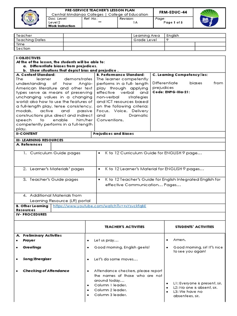 Dll English 2 Pdf Learning Prejudices