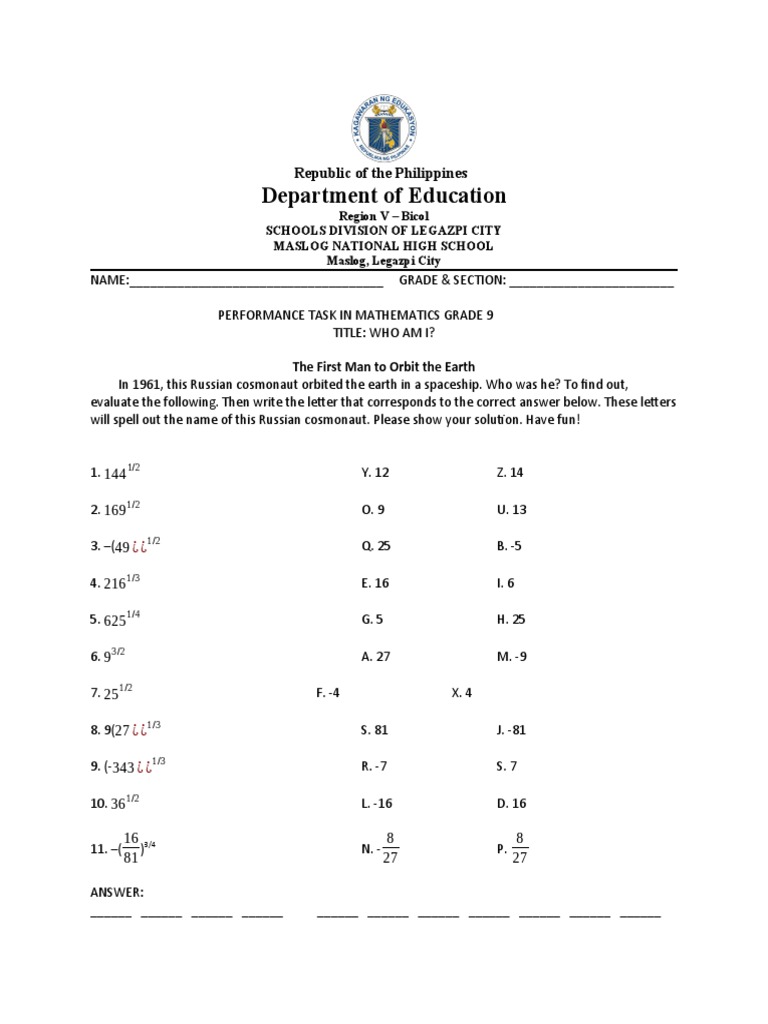 Grade 9 Math Performance Task: Who Am I? | PDF | Mathematics