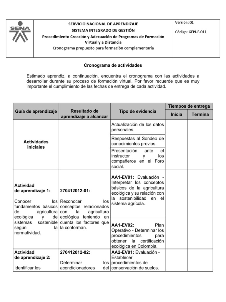 Cronograma de Actividades - PRACTICAS Y APLICACIONES DE AGRICULTURA ECOLOGICA. | PDF ...