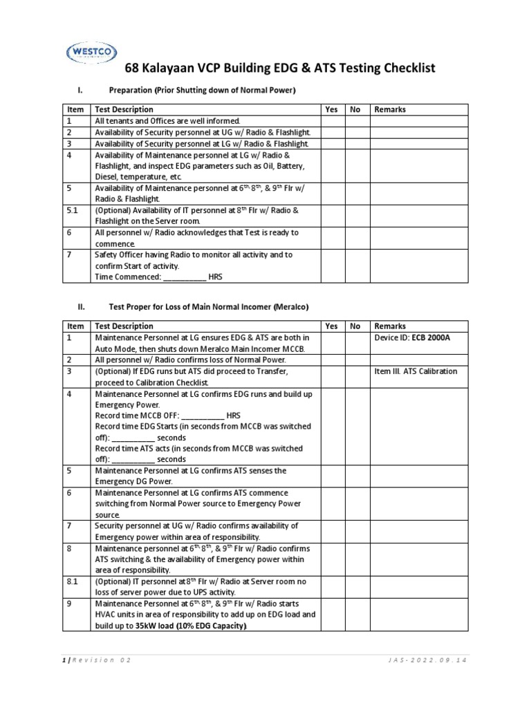 EDG & ATS Testing Checklist | PDF | Flashlight | Electromagnetism