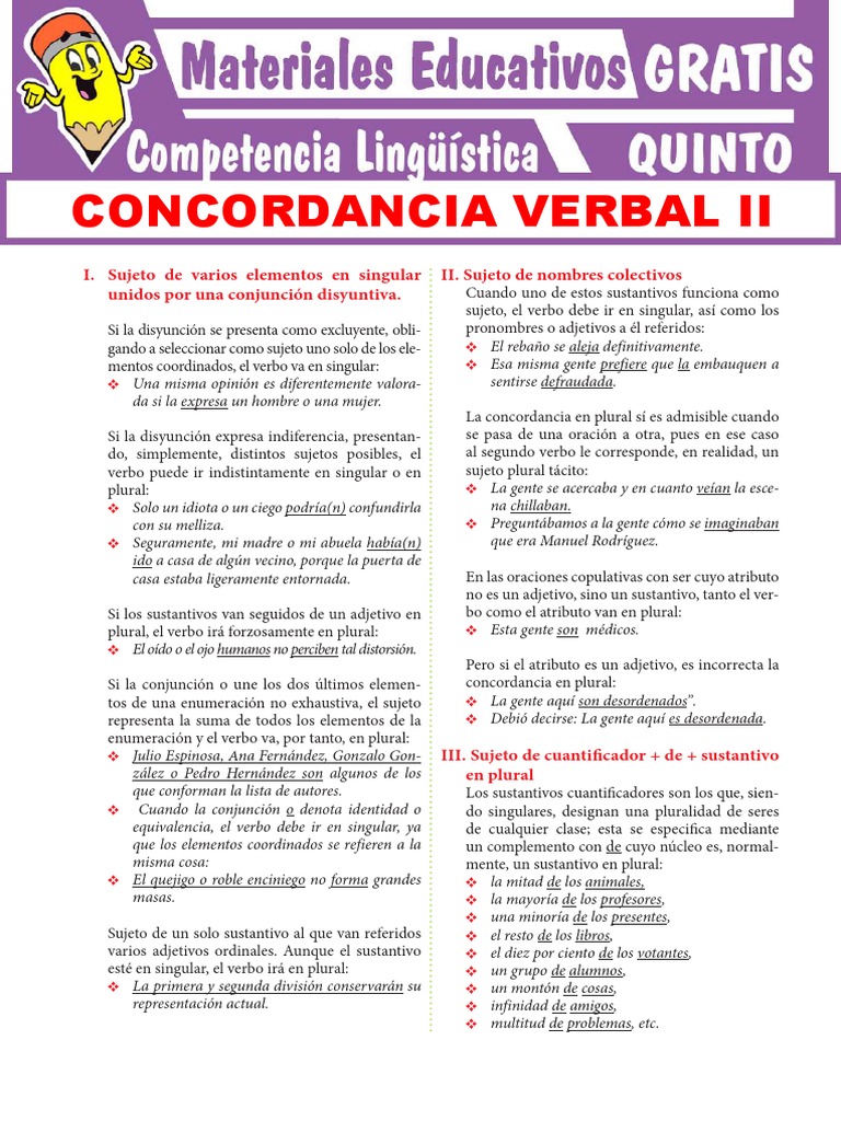 Concordancia Verbal II para Quinto Grado de Secundaria | PDF | Plural ...