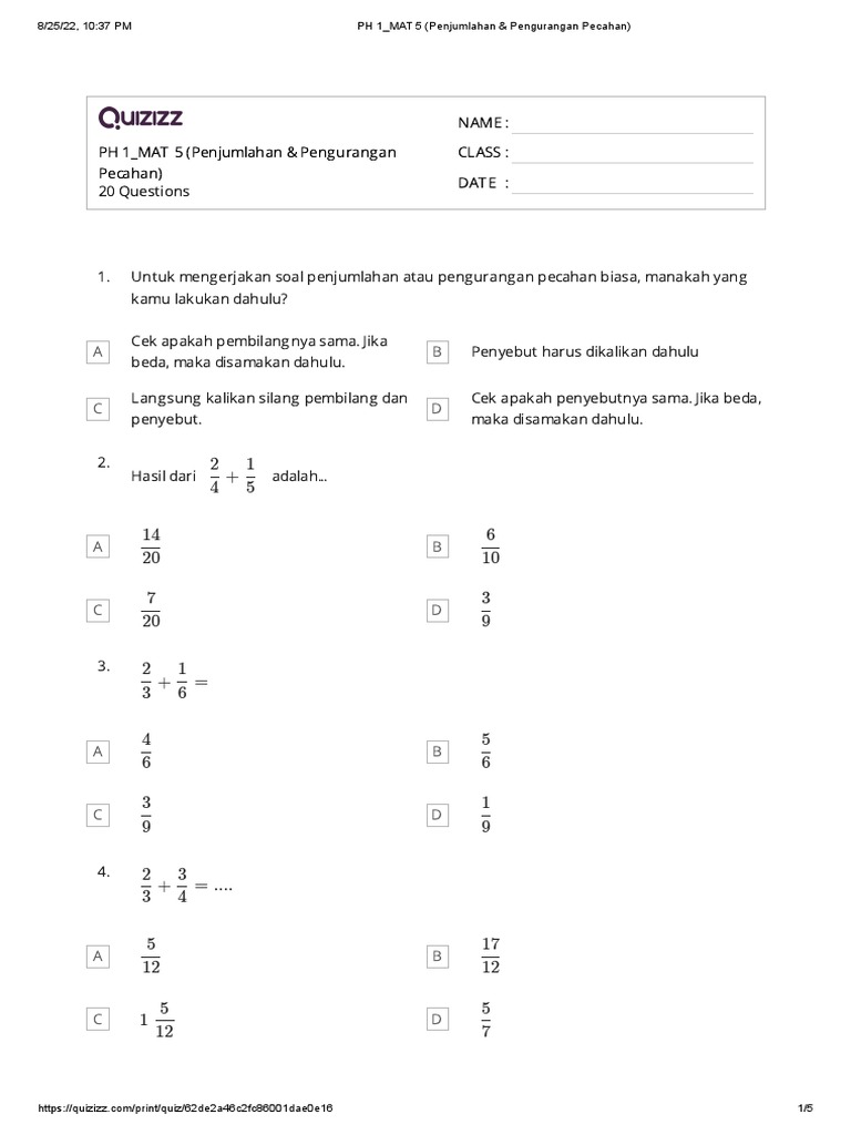 PH 1 - MAT 5 (Penjumlahan & Pengurangan Pecahan) | PDF