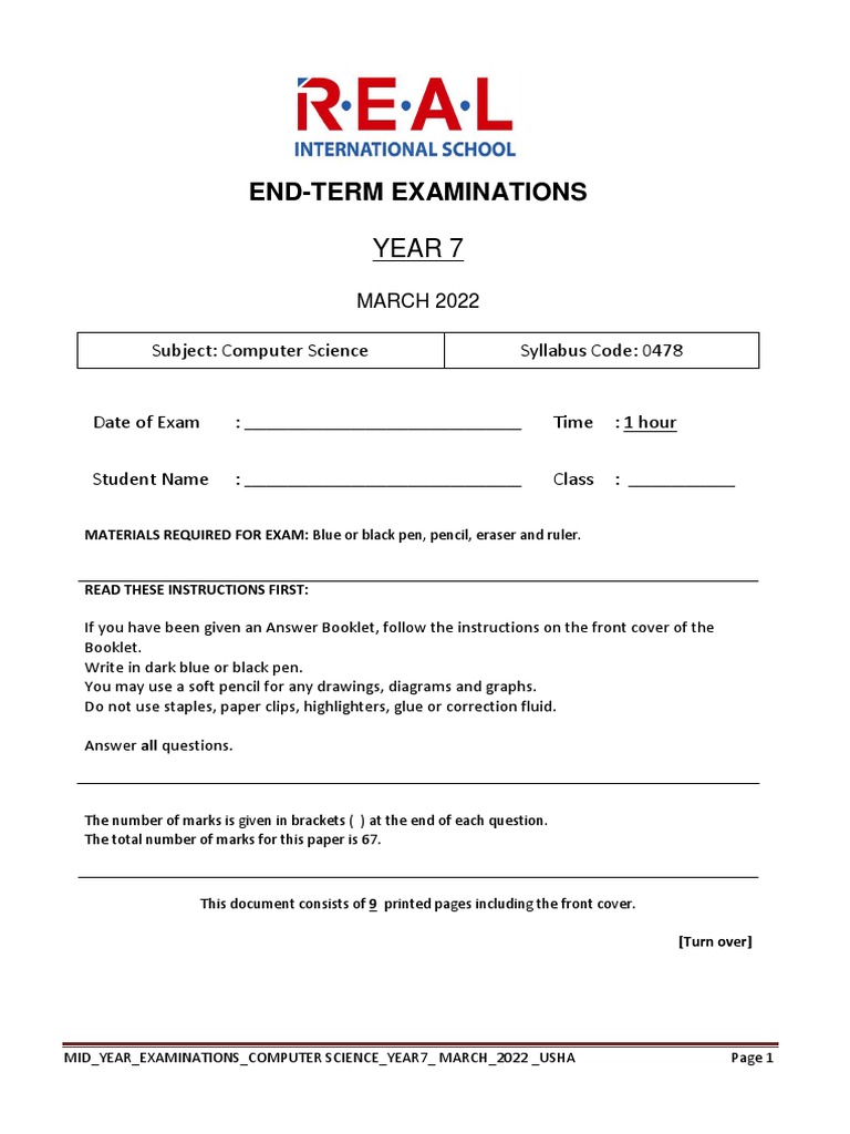 End-Term Examinations: Year 7 | PDF | Pixel | Computing