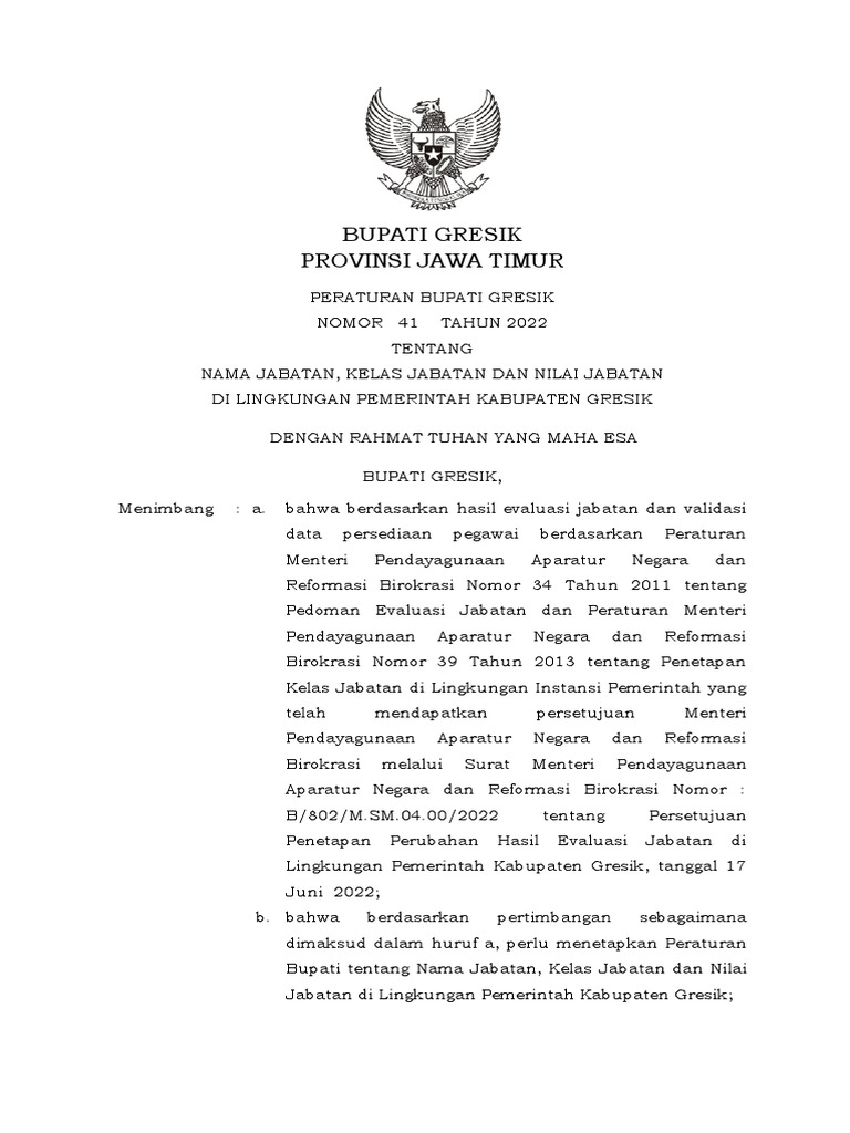 Perbup - 41 - 2022 Nama Jabatan, Kelas Jabatan Dan Nilai Jabatan Di Lingk Pemkab Gresik Merge | PDF
