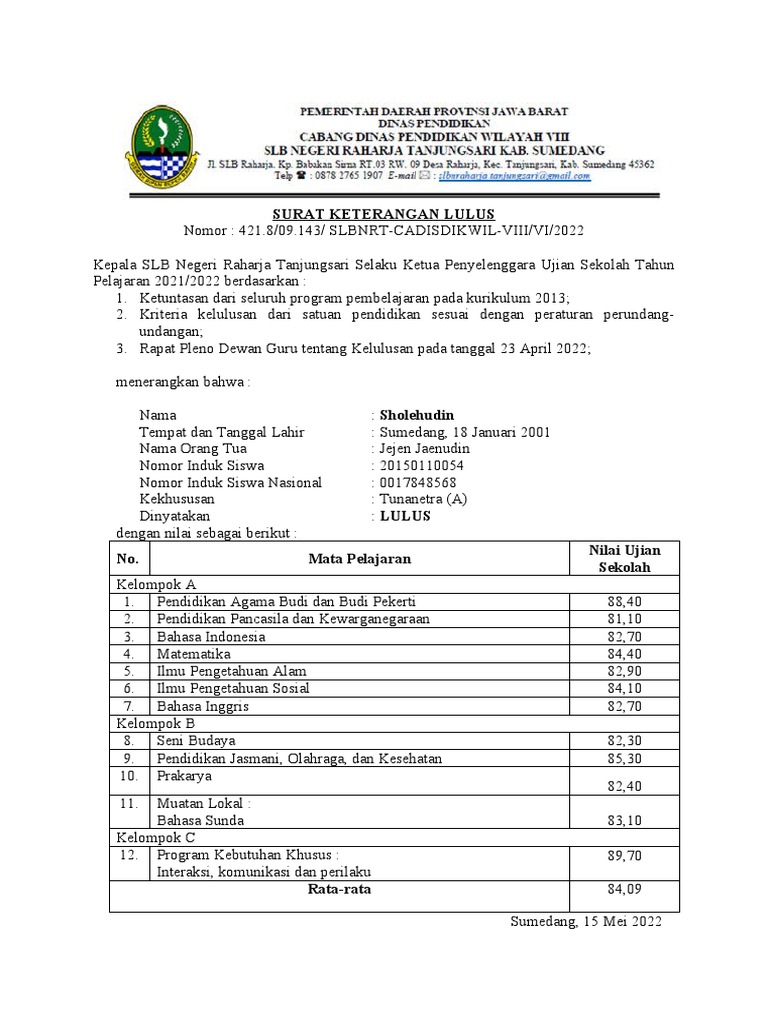 Surat Keterangan Lulus SD 2022 | PDF