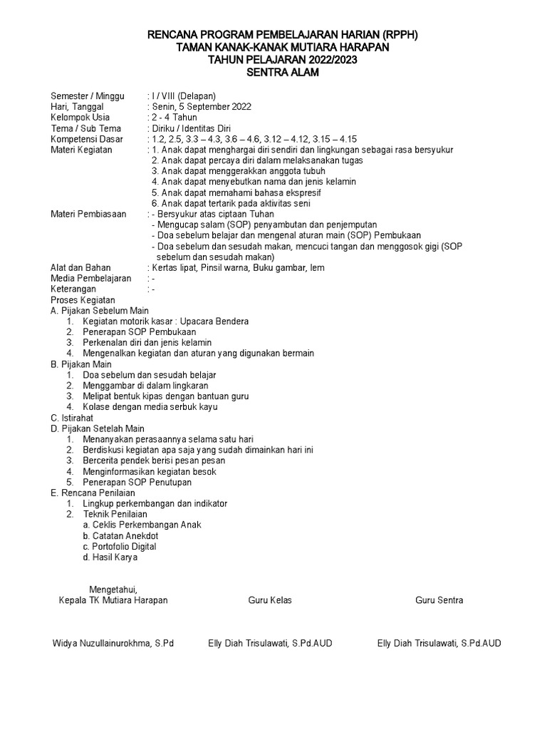RPPH Sentra ALam Tema Diriku | PDF | Pengembangan Diri