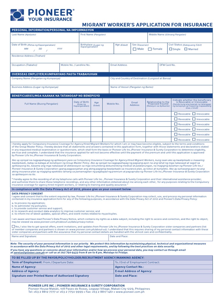 OFW Insurance Application Form | PDF | Insurance | Information Privacy