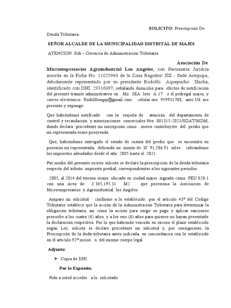 SOLICITO Prescripcion Deuda Tributaria | PDF | Finanzas y administración del dinero