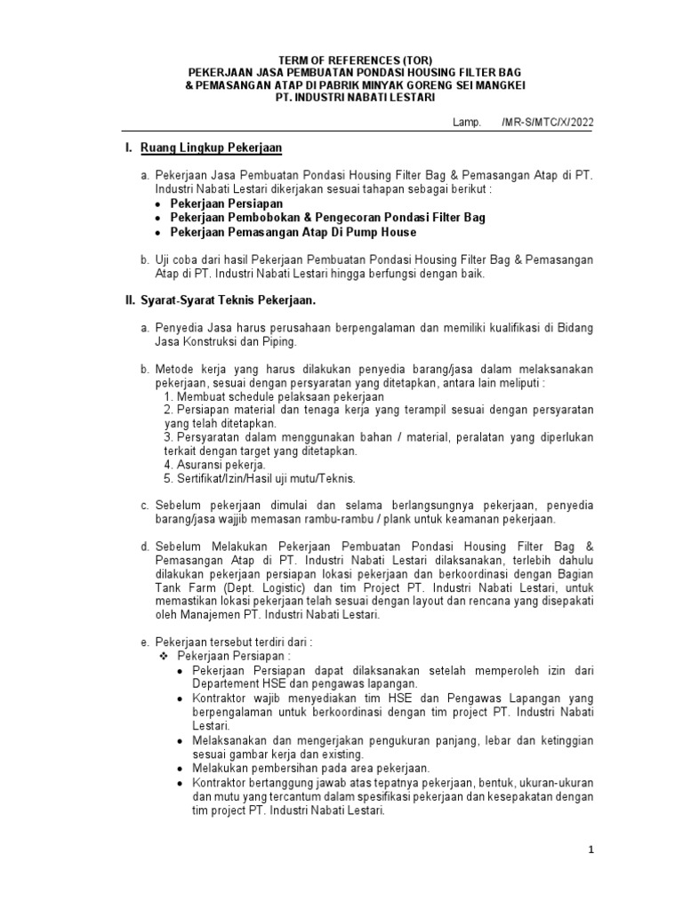 TOR Jasa Pekerjaan Pondasi Filter Bag Dan Pemasangan Atap | PDF
