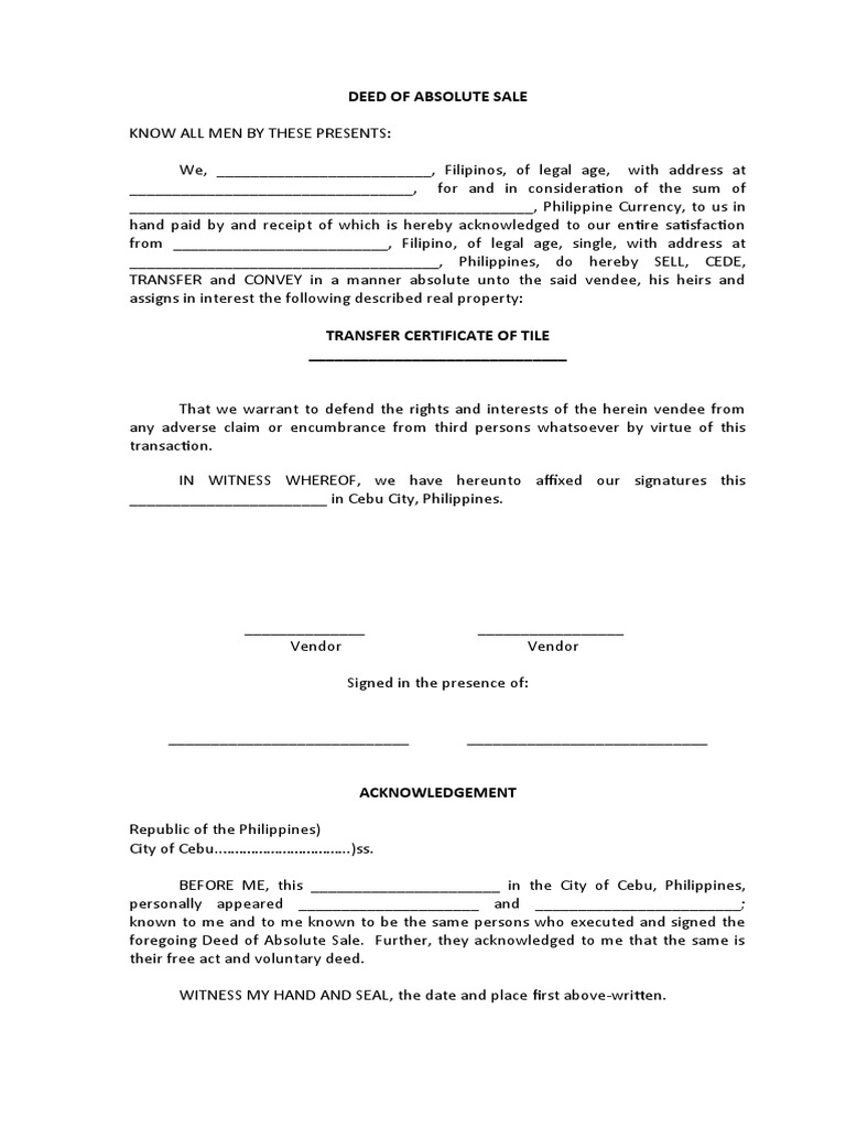 Deed of Absolute Sale Template | PDF
