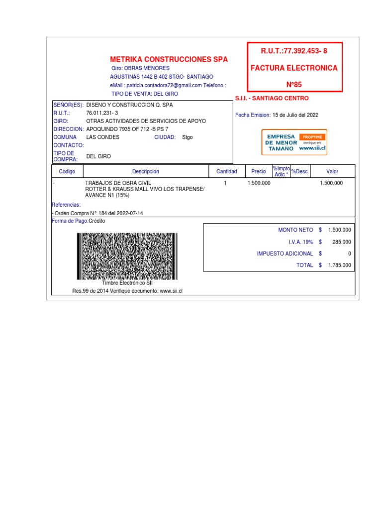 Metrika Construcciones Spa R.U.T.:77.392.453-8 Factura Electronica Nº85 | PDF | Business ...