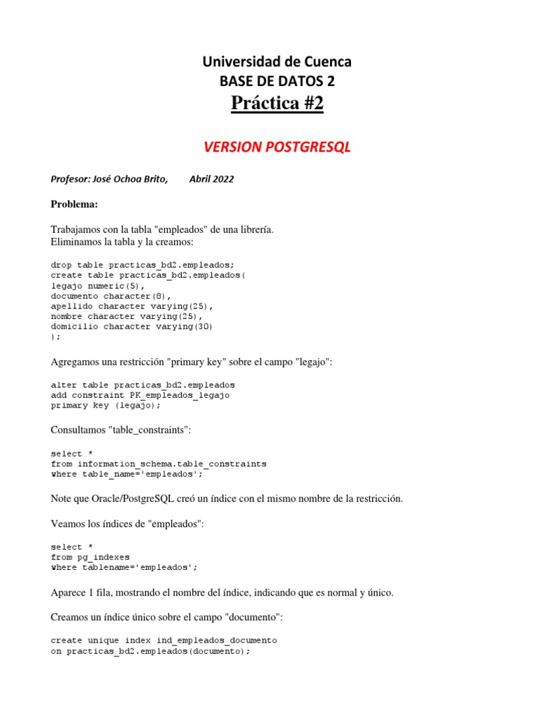 Practica02 Indexes PostgreSQL | PDF | Programación de computadoras | Datos de computadora