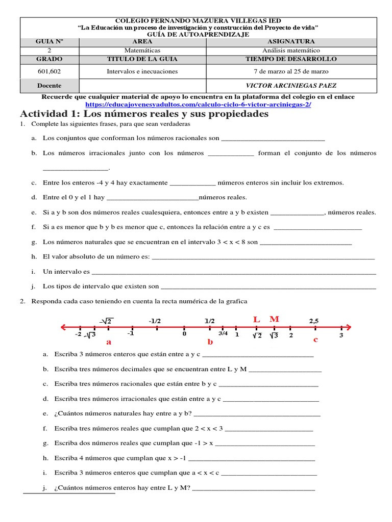 Taller 2 Intervalos e Inecuaciones 2022 1 Ciclo 6 | PDF | Intervalo (Matemáticas) | Número Real