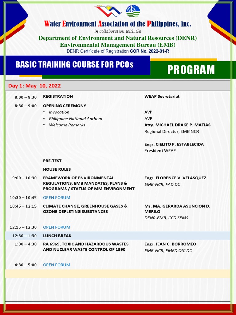 Tentative PCO Basic Training Course Program | PDF | Environment | Nature