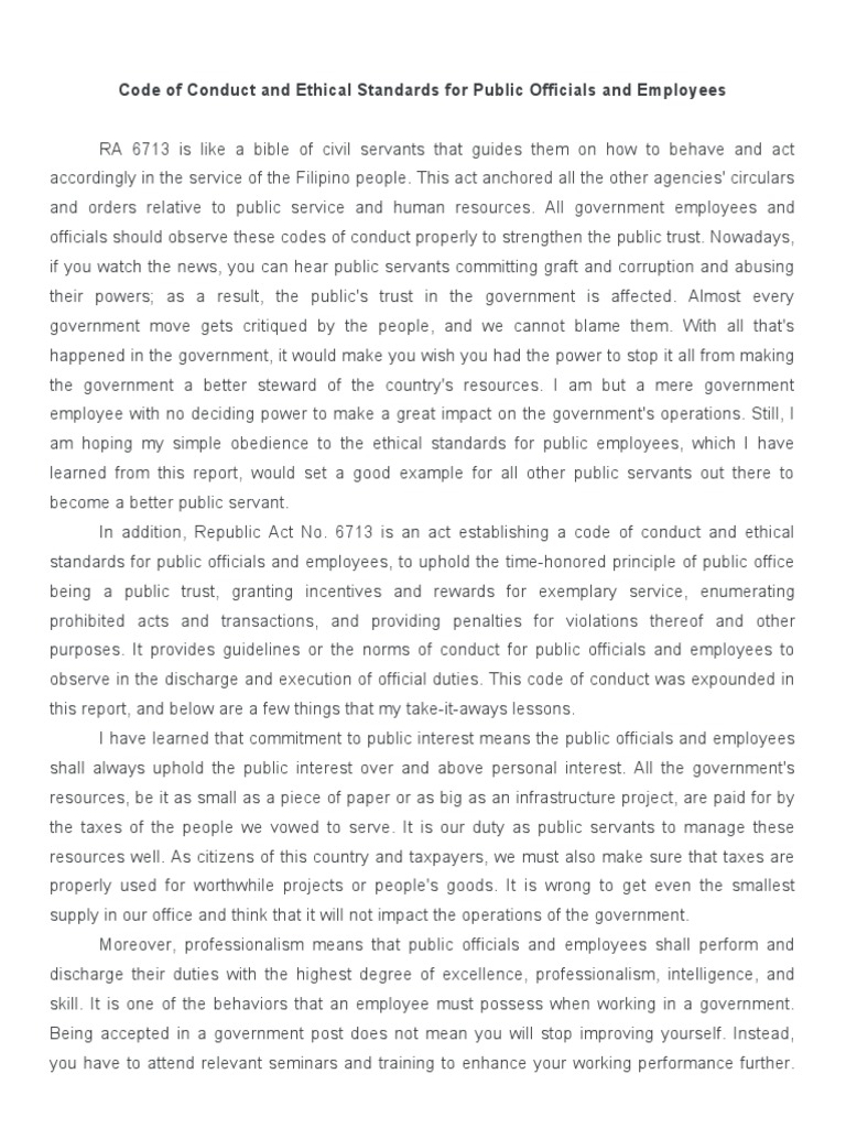 Reflection - Code of Conduct and Ethical Standards For Public Officials ...