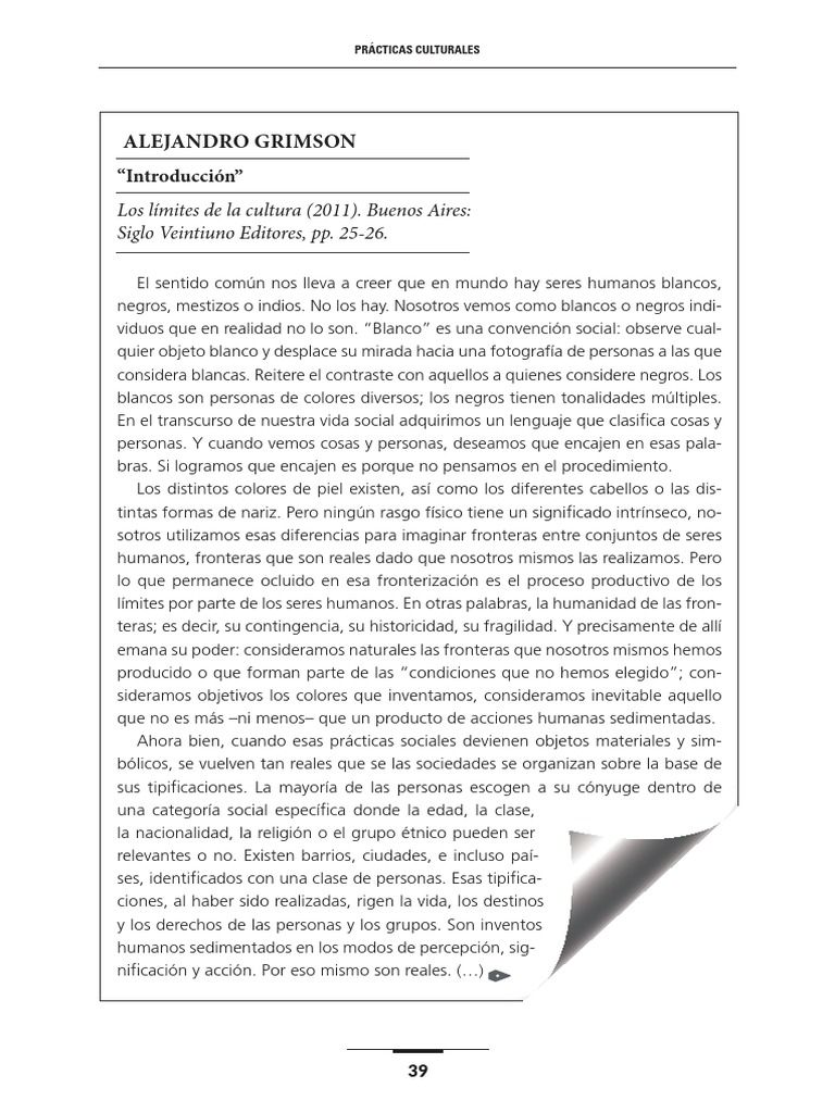 Límites de la cultura según Grimson | PDF | Ciencias sociales | Filosofía