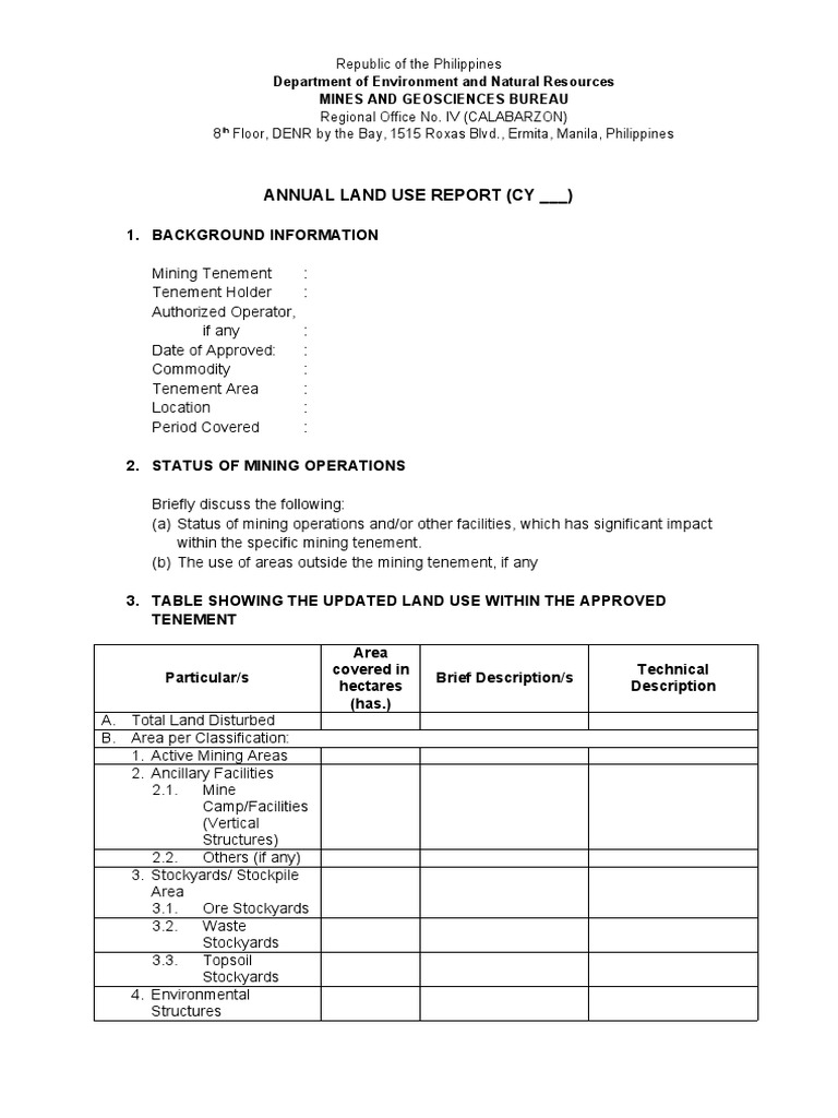 Annual Land Use Format Sample | PDF | Mining | Heavy Industry