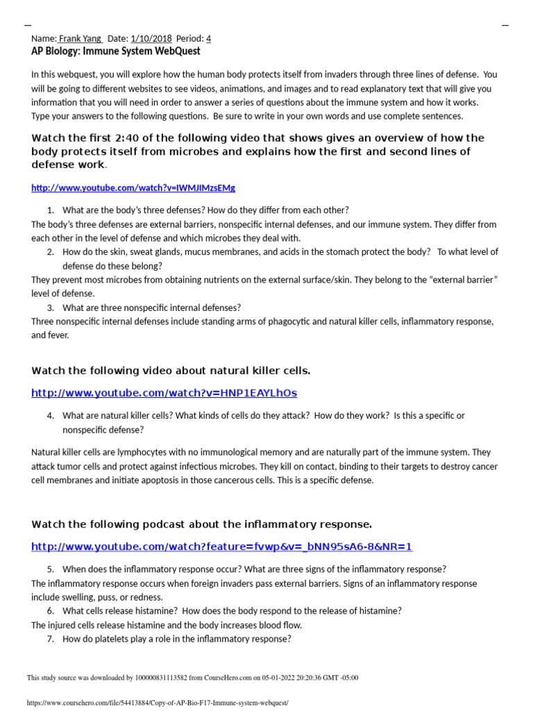 AP Bio F17 Immune System Webquest | PDF | Immune System | Inflammation