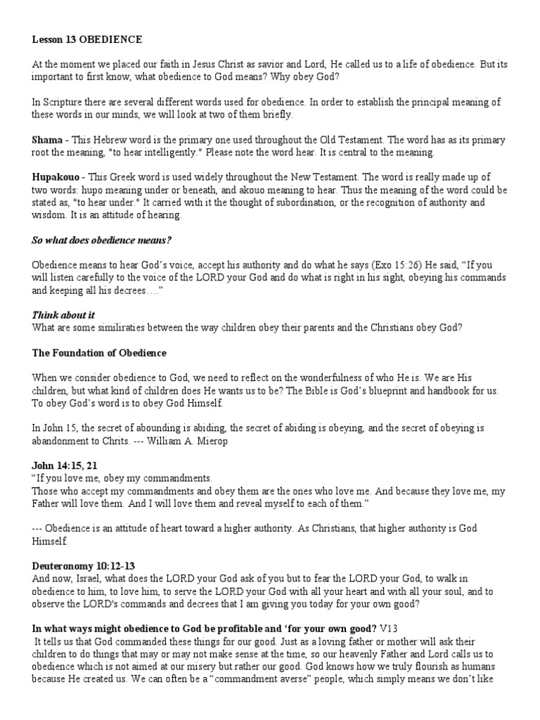 Lesson 13 Obedience | PDF | Christian Belief And Doctrine | Religious ...