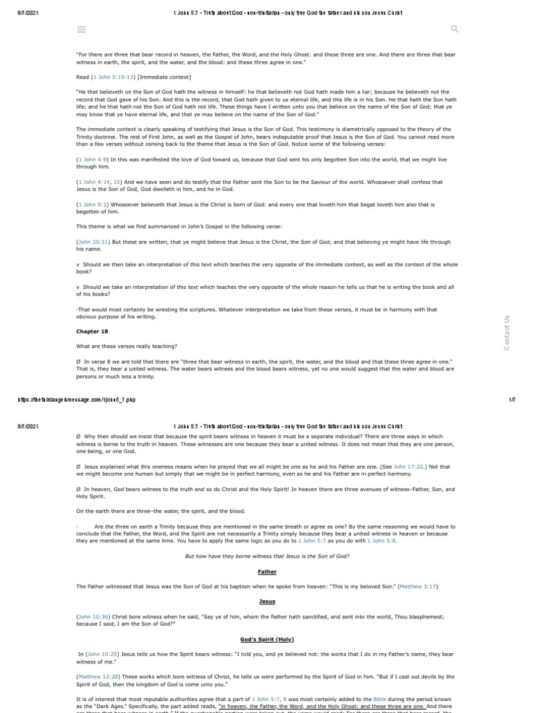 1 John 5 - 7 - Truth About God - Non-Trinitarian - Only True God The ...