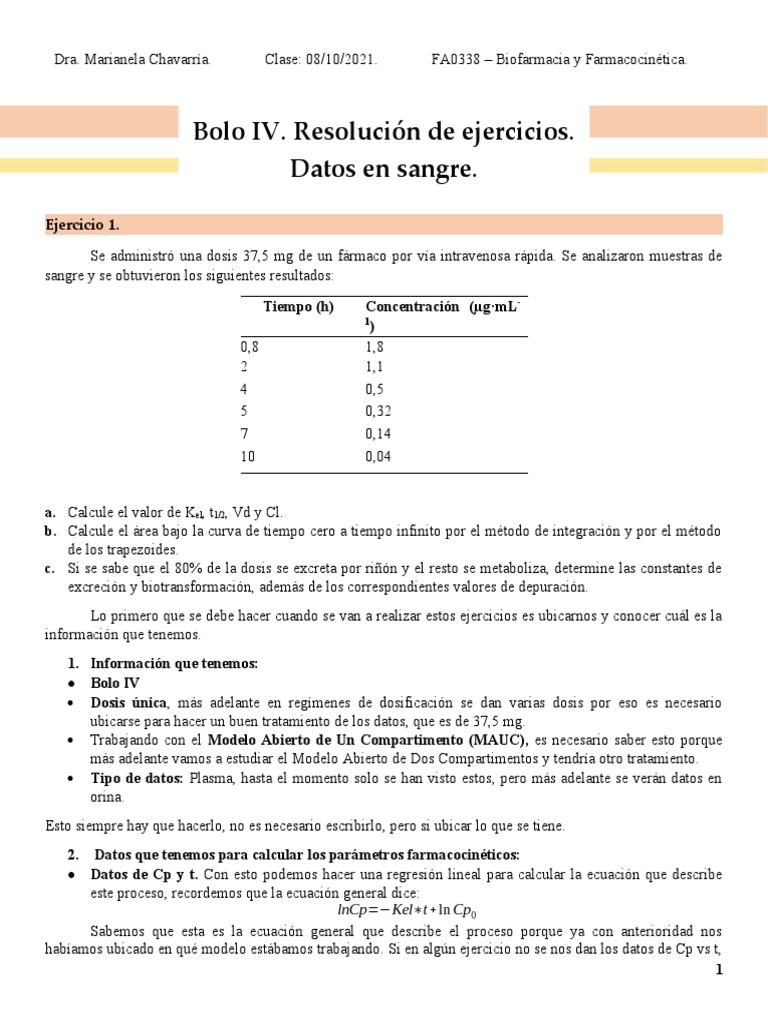 Bolo IV. Resolución de Ejercicios. Datos en Sangre. | PDF | Farmacocinética | Farmacología