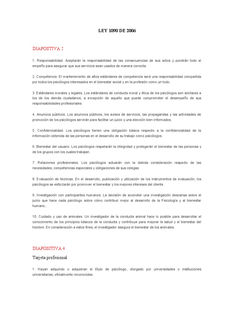 LEY 1090 DE 2006 Exposición Jurídica | PDF | Psicólogo | Historial médico