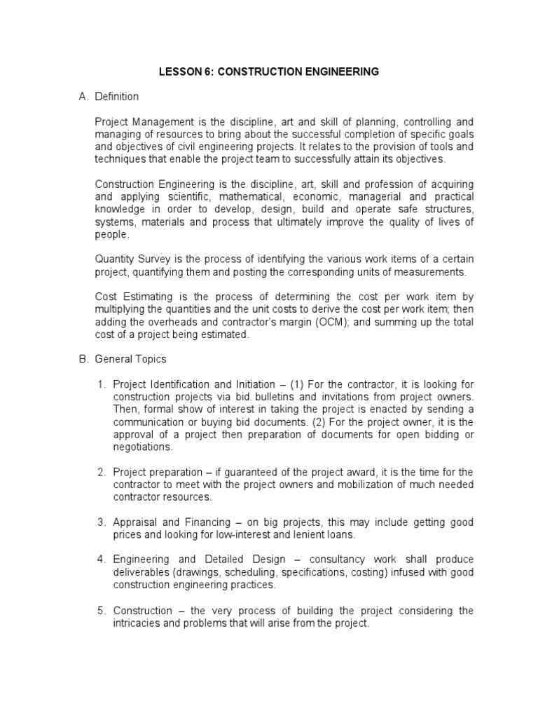 Lesson 6 CONSTRUCTION ENGINEERING | PDF | Engineering | Project Management