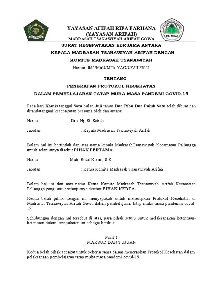Contoh Surat Kesepakatan Bersama Komite Sekolah Protokol Kesehatan | PDF