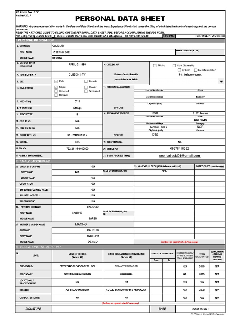 CS-Form-No.-212-Personal-Data-Sheet-revised-JOSEPH-ZOE-CALIGUID PDS | PDF