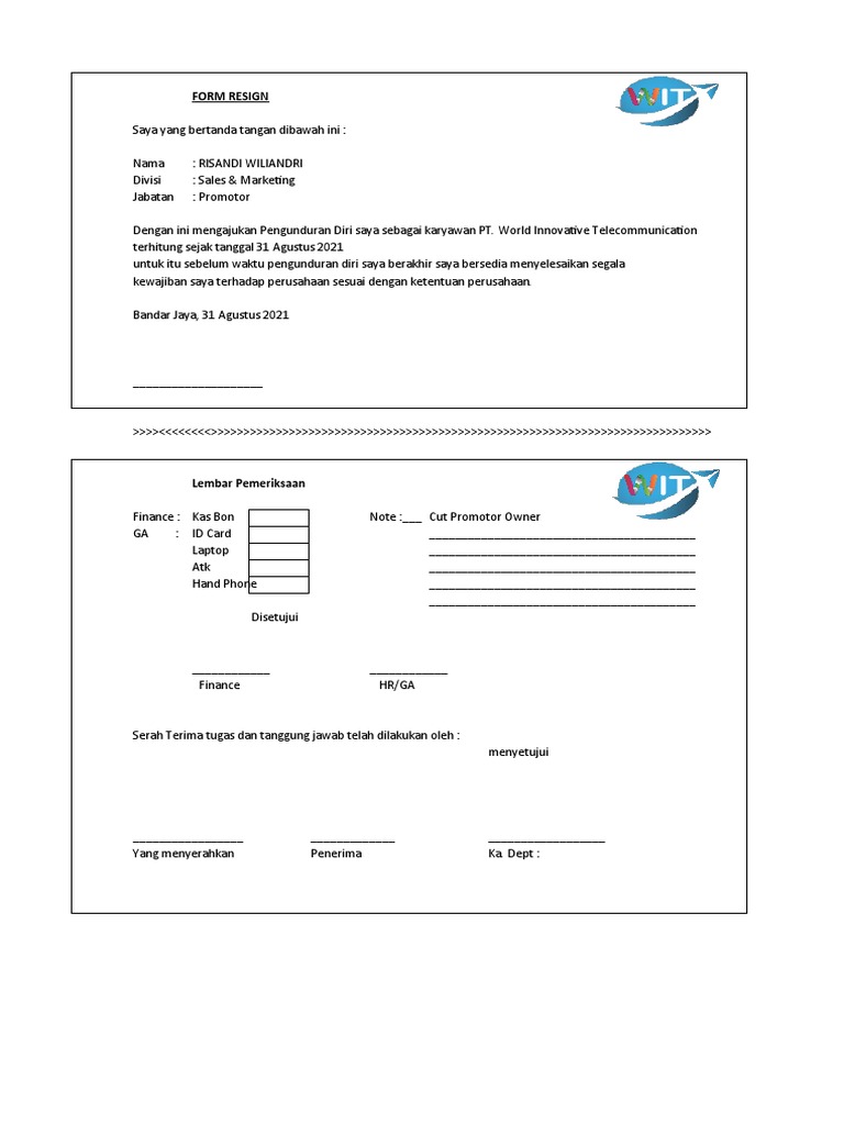 Form Resign Karyawan | PDF