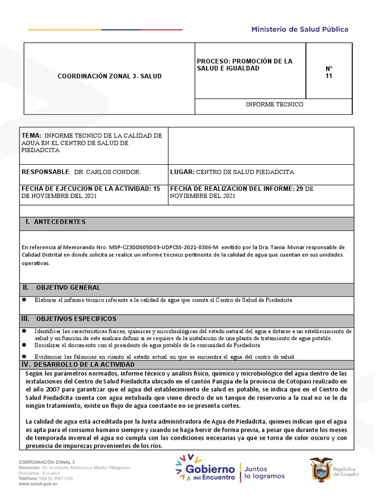 Informe Tecnico Agua | PDF | Agua | Agua potable Informe Tecnico Agua | PDF | Agua | Agua potable