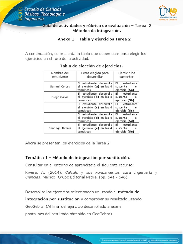Guía de actividades y rúbrica de evaluación para la tarea 2 sobre métodos de integración ...