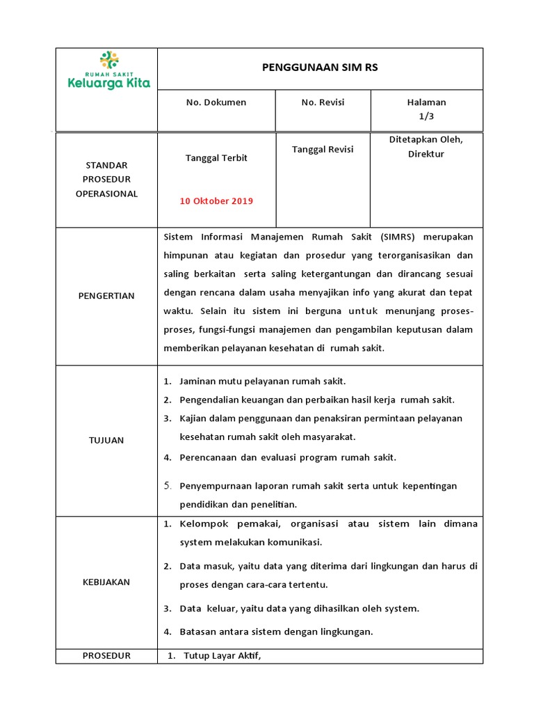 PROSEDUR Pengelolaan Unit SIM RS | PDF