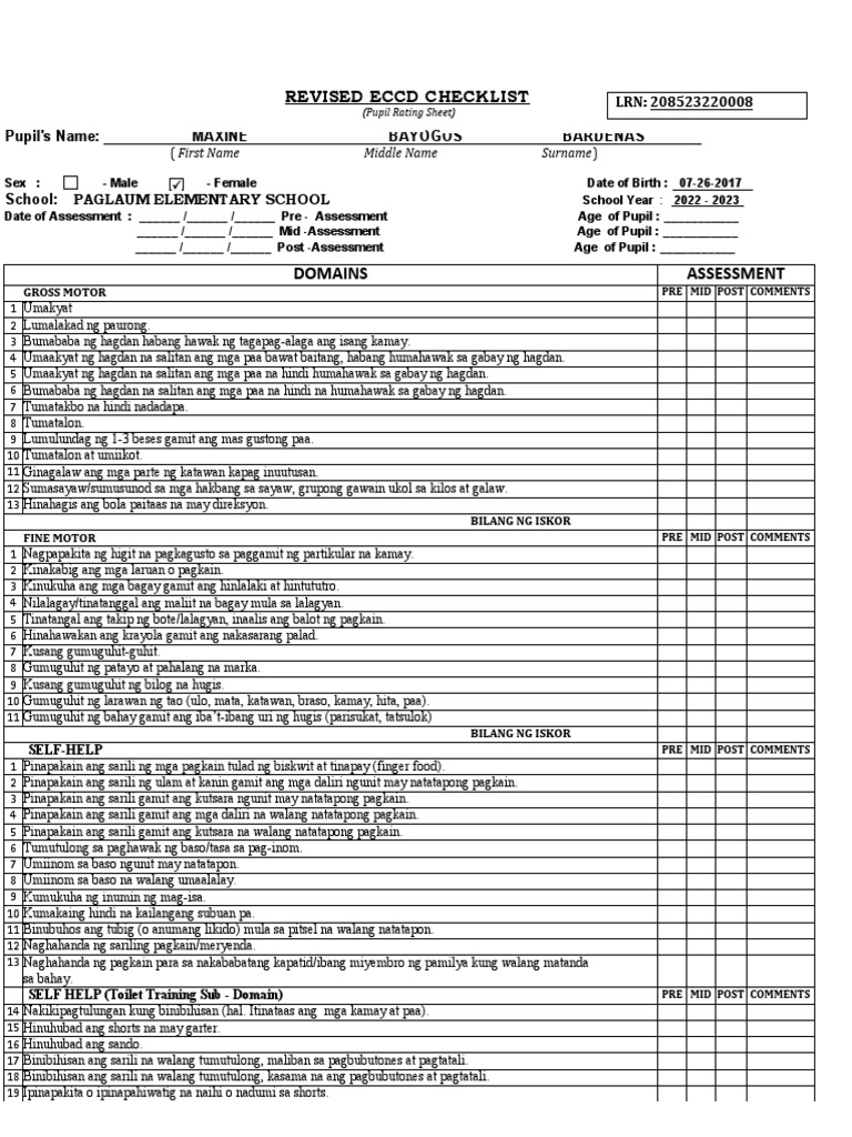 Revised ECCD Checklist 2022-2023 PAGLAUM ES | PDF